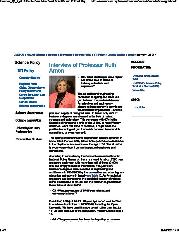 Interview of Professor Ruth Arnon - Samuel Neaman Institute